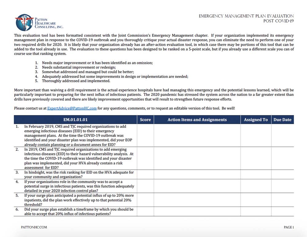 Emergency Management Evaluation Tool / Patton Healthcare Consulting